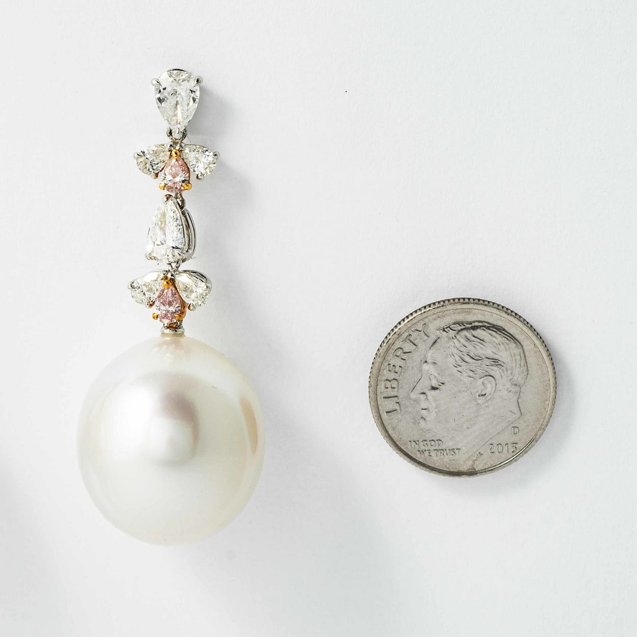 17mm South Sea Pearl & Pink Diamond Drop Earrings (Platinum) — Shreve ...