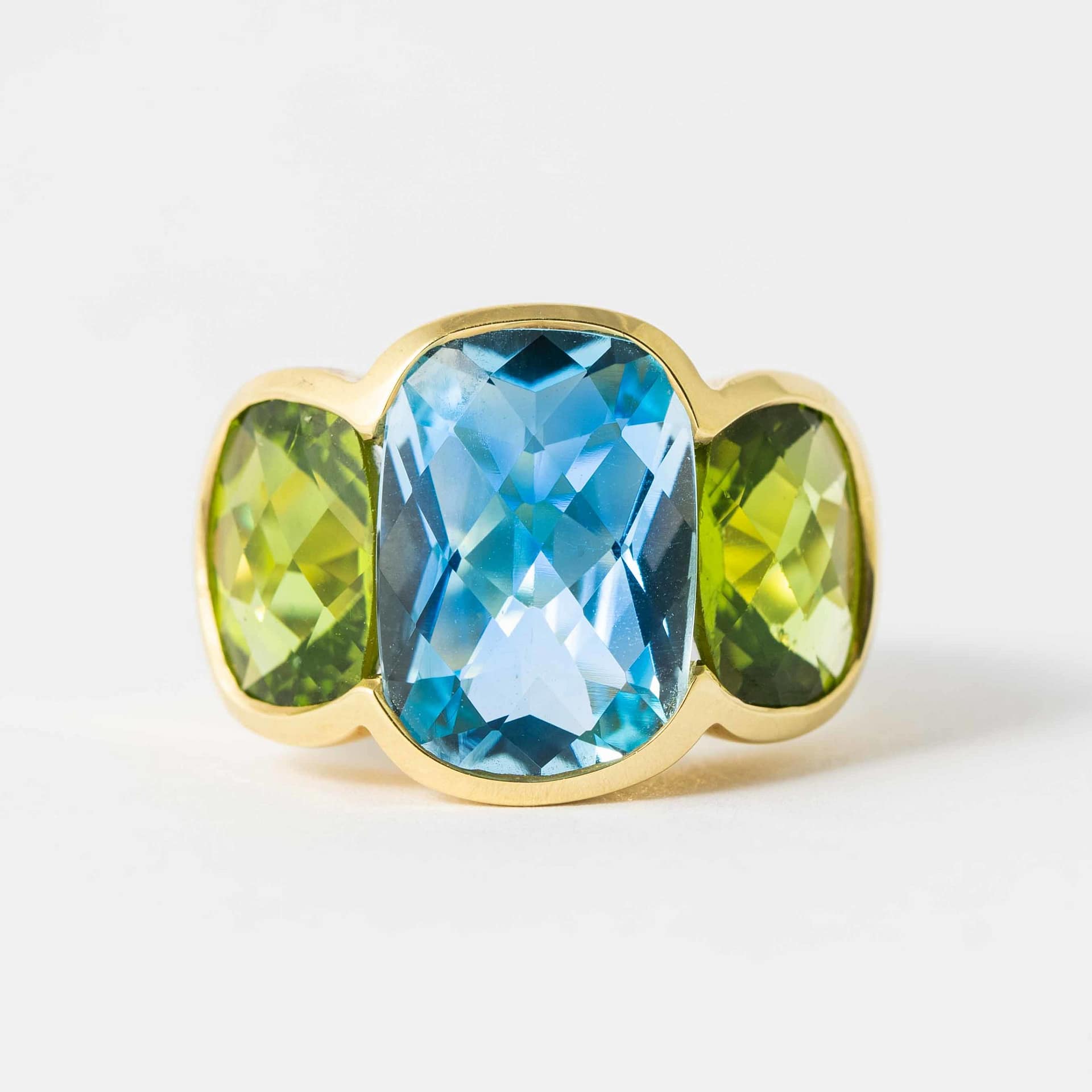 6.10 carat Blue Topaz & Peridot Three Stone Ring (Yellow Gold) — Shreve ...
